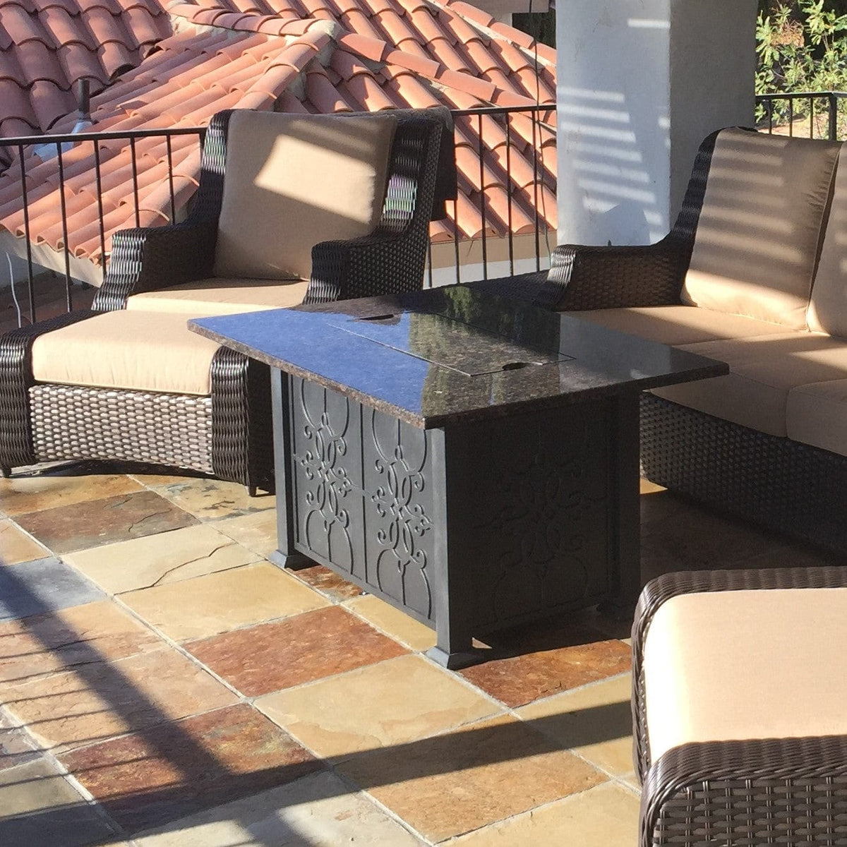 Rome 50" x 32" Rectangle Gas Burning Granite Fire Table w/ Wind Guard ...